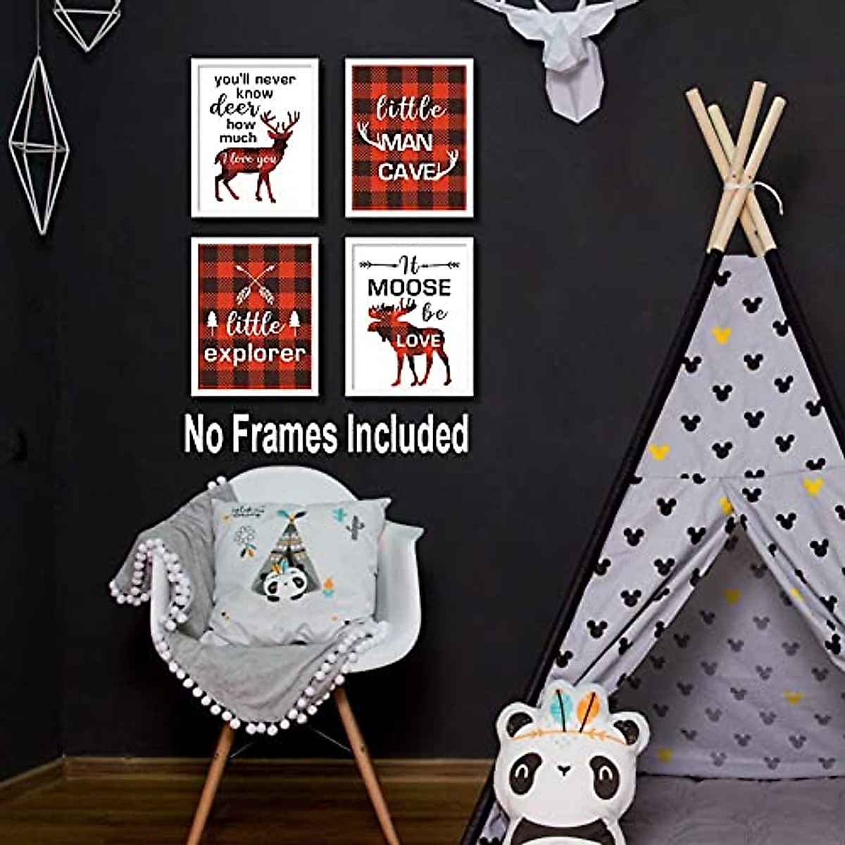 HLNIUC Woodland Animals Buffalo Plaid Nursery Wall Art,Red&Black Forest Deer Art Print,Set Of 6 (8”X10”,Unframed) Inspirational Kids Room Canvas Poster,Little Man Cave Decor For Boy Bedroom,Playroom