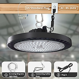 LED High Bay Light, 200W 22000LM 6500K UFO Lights Commercial Bay Lighting with US Plug, UFO High Bay Shop Lights for Warehouse Workshop Factory Gym Garage Barn(1 Pack)