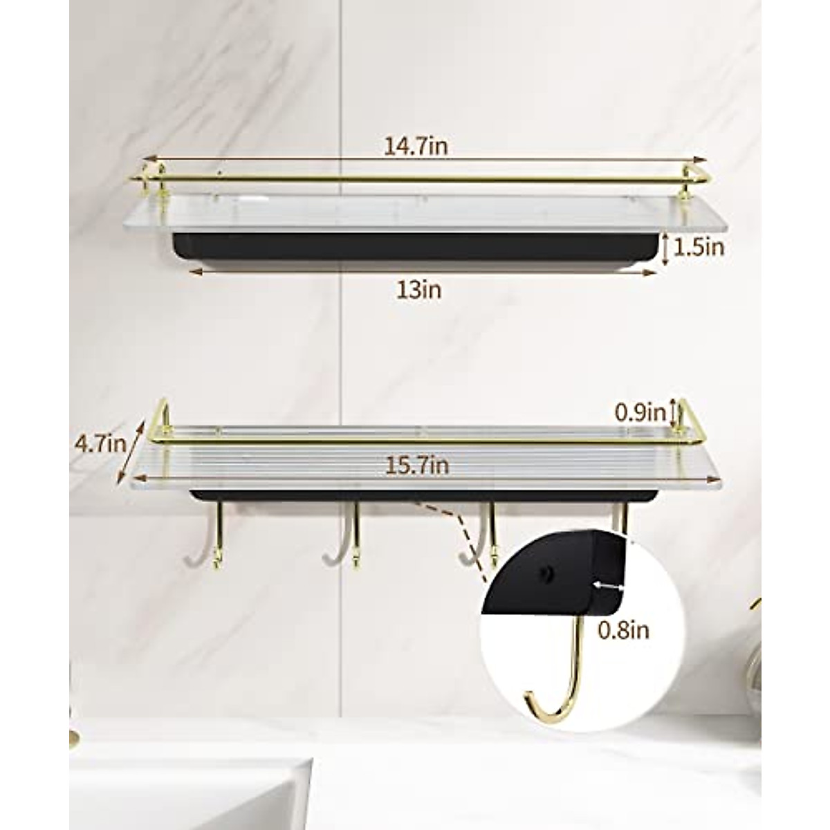 Mazjoaru Floating Shelves Acrylic Bathroom Shelves Set of 2, 16inch Wall Shelves with Gold Metal Towel Hook, Storage Shelves for Bathroom Living Room Bedroom