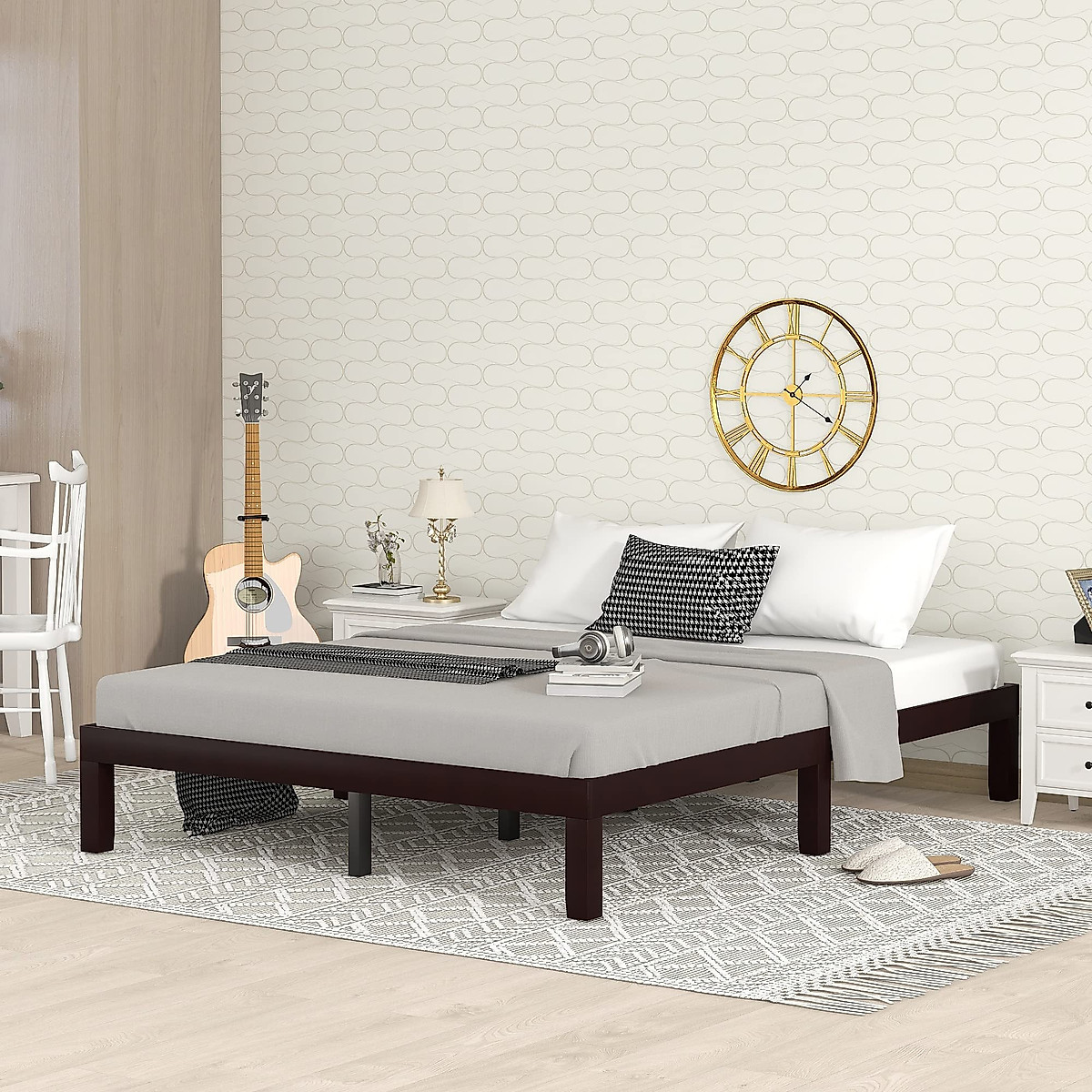 Harper & Bright Designs Queen Size Platform Bed Frame, Minimalist Wood Queen Bed Frames with Strong Center Support Feet, Queen Size Bed for Teens Adults,No Box Spring Needed,Easy Assembly,Dark Coffee