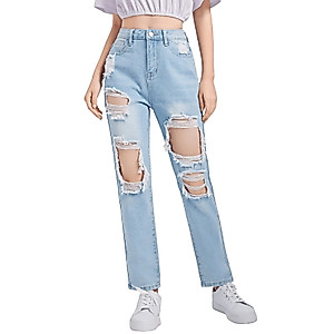 SweatyRocks Teen Girl's High Waisted Straight Leg Ripped Jeans Washed Denim Pants with Pockets Light Wash 8-9Y
