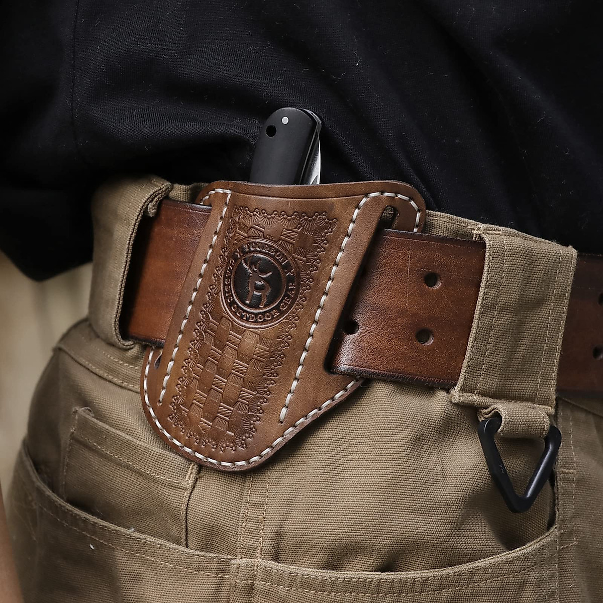 Tourbn Tourbon Leather Pocket Folding Knife Sheath for Belt EDC Holster Man Cross Draw Right Side Carry Open Top Trapper Knives Carrier