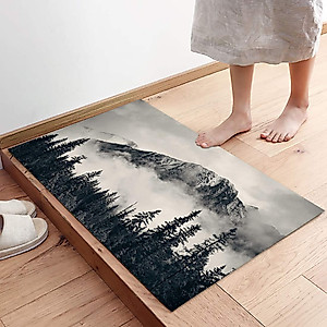 Indoor Doormat Front Door Mat Nature Winter Forest Landscape Mysterious Dreamy Mountain Smoky Non Slip Rubber Back Floor Mat Entrance Low-Profile Welcome Mat Outdoor Rug for Home Office Garden
