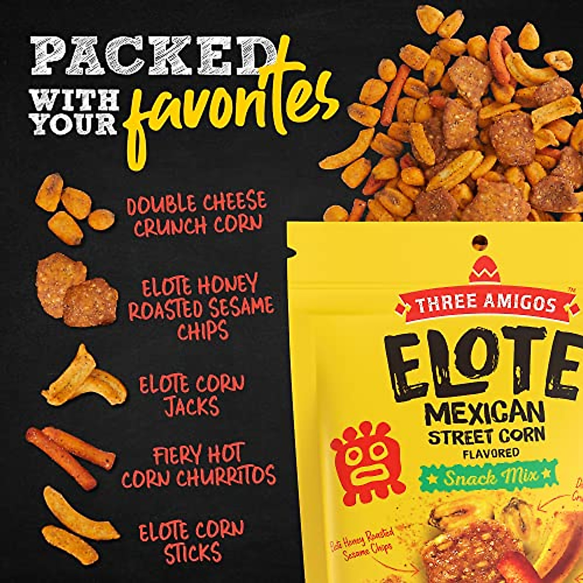 Three Amigos - Elote Mexican Street Corn Snack Mix- Deliciously Crunchy, Tangy, Hot, Sweet & Spicy Snacks - Gourmet Roasted Variety Food Snacks for Adults and Kids (Elote 30 oz)