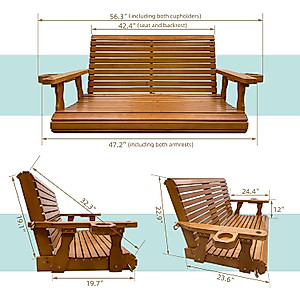 Wooden Porch Swing 2-Seater, Bench Swing with Cupholders, Hanging Chains and 7mm Springs, Heavy Duty 880 LBS, for Outdoor Patio Garden (Teak Tone, 4 FT Extra Large)