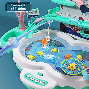 CUTE STONE Fishing Game Toys with Slideway,Electronic Toy Fishing Set with Magnetic Pond,10 Fish,3 Magnetic Dolphins,2 Toy Fishing Poles,Learning Educational Toys with Music Story for Kids Toddlers