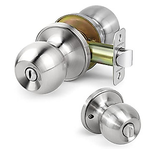 LOQRON Keyless Privacy Ball Door Knob and Single Cylinder Deadbolt Lock Combo Set Security for Front Door Bedroom/Bathroom Satin Nickel Finish