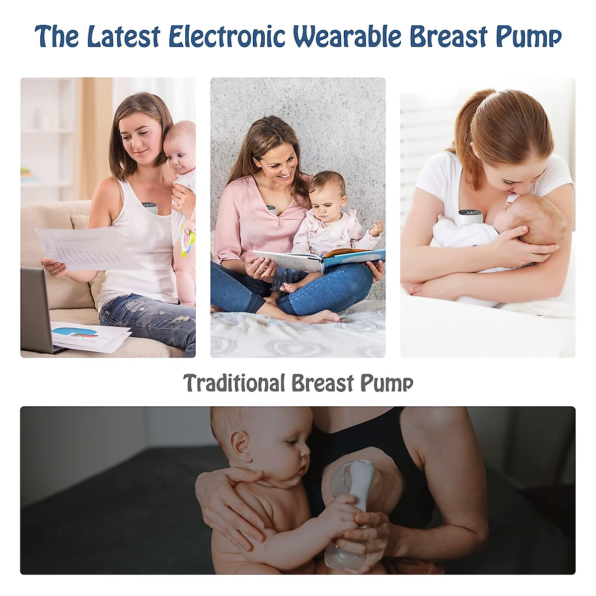 Akaho Wearable Breast Pump, Low-Noise and Painless Hands Free Electric Breast Pump with 3 Mode & 9 Levels, 24mm Default and Come with 17/19/21 mm Flanges (White-Single)