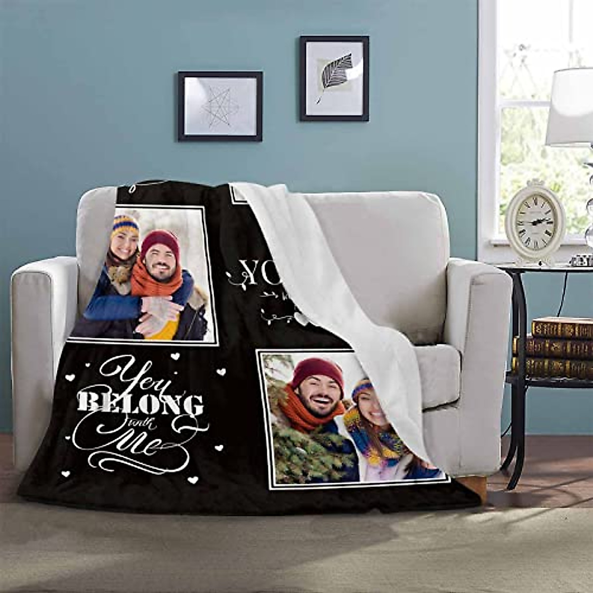 D-Story Custom Blanket with Photo Text Personalized Bedding Throw Blankets Customized Flannel Fleece Blankets for Family Birthday Wedding Gift Fits Couch Sofa Bedroom Living Room 80x60in