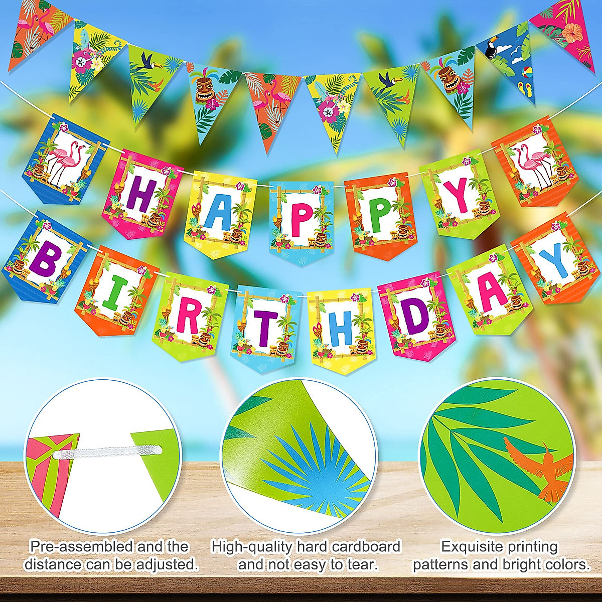 3 Pieces Hawaiian Party Decoration Hawaiian Happy Birthday Banner Pennant Hawaiian Bunting Banners Tropical Party Decorations for Summer Luau Tiki Beach Party Birthday Baby Shower