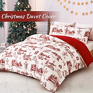 Luxudecor Christmas Duvet Cover Set King Size 3 Pieces Red Yuletide Duvet Cover Hello Winter Pattern Bedding Set with Pillowcase for Christmas New Year (104"x90")