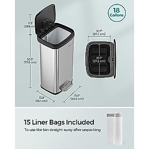 SONGMICS Kitchen Trash Can, 18-Gallon Stainless Steel Garbage Can, with Stay-Open Lid and Step-on Pedal, Soft Closure, Tall, Large and Space-Saving, Silver and Black ULTB520E68