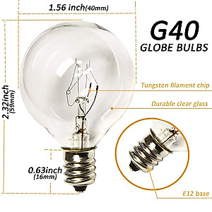 30 Pack of G40 Replacement Bulbs, 5 Watt G40 Globe Bulbs for String Lights, Candelabra Screw Base, Fits E12 and C7 Sockets, Indoor-Outdoor Use, Clear Glass G40 Bulbs, Secure and Convenient Packaging
