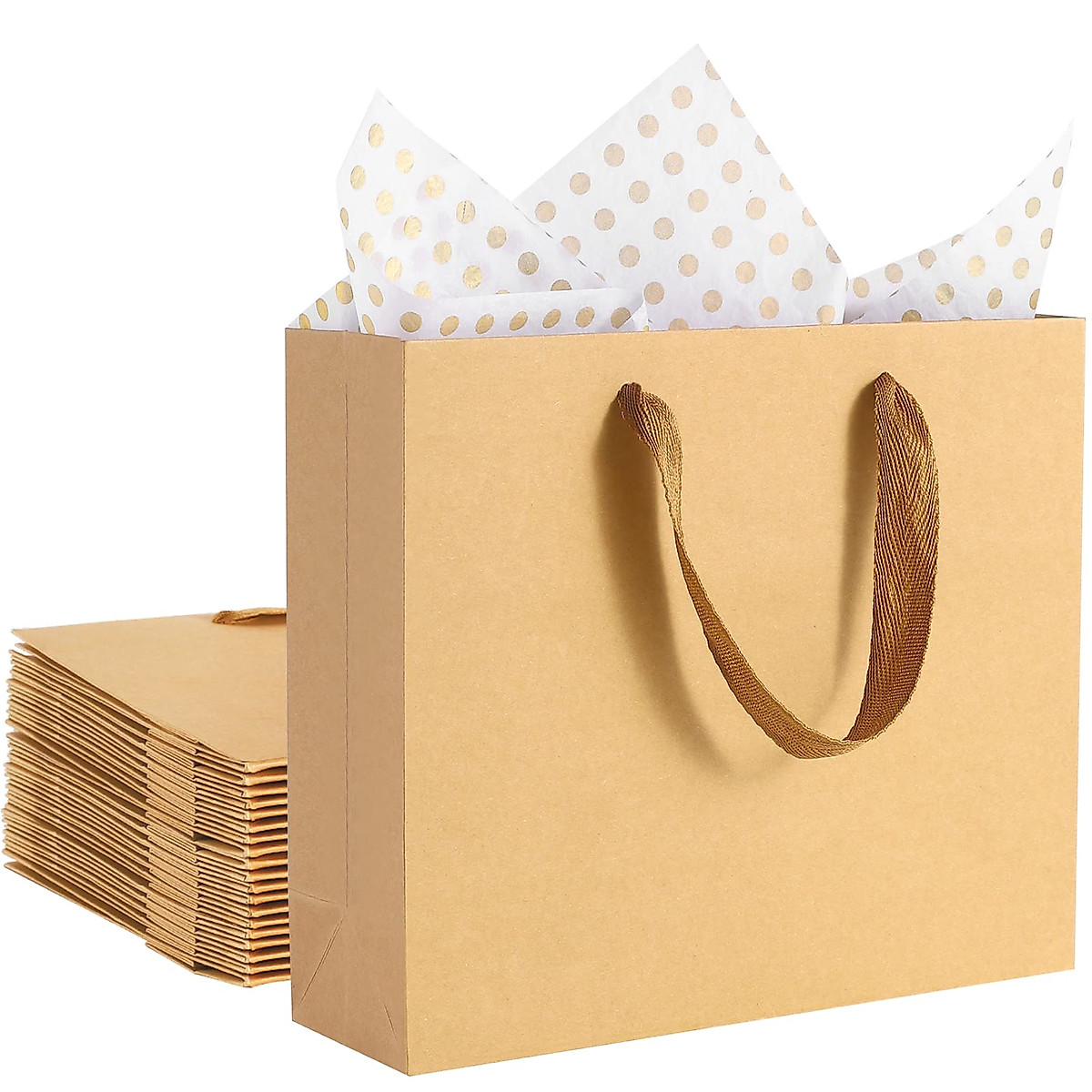 YNERHAI 20 Pack Gift Bags with Tissue Paper, Medium Kraft Paper Bag with Ribbon Handles, 10.6” x3.1” x8.3” Brown Gift Bags for Wedding, Birthday, Party Supplies and Gifts (Medium, Brown)