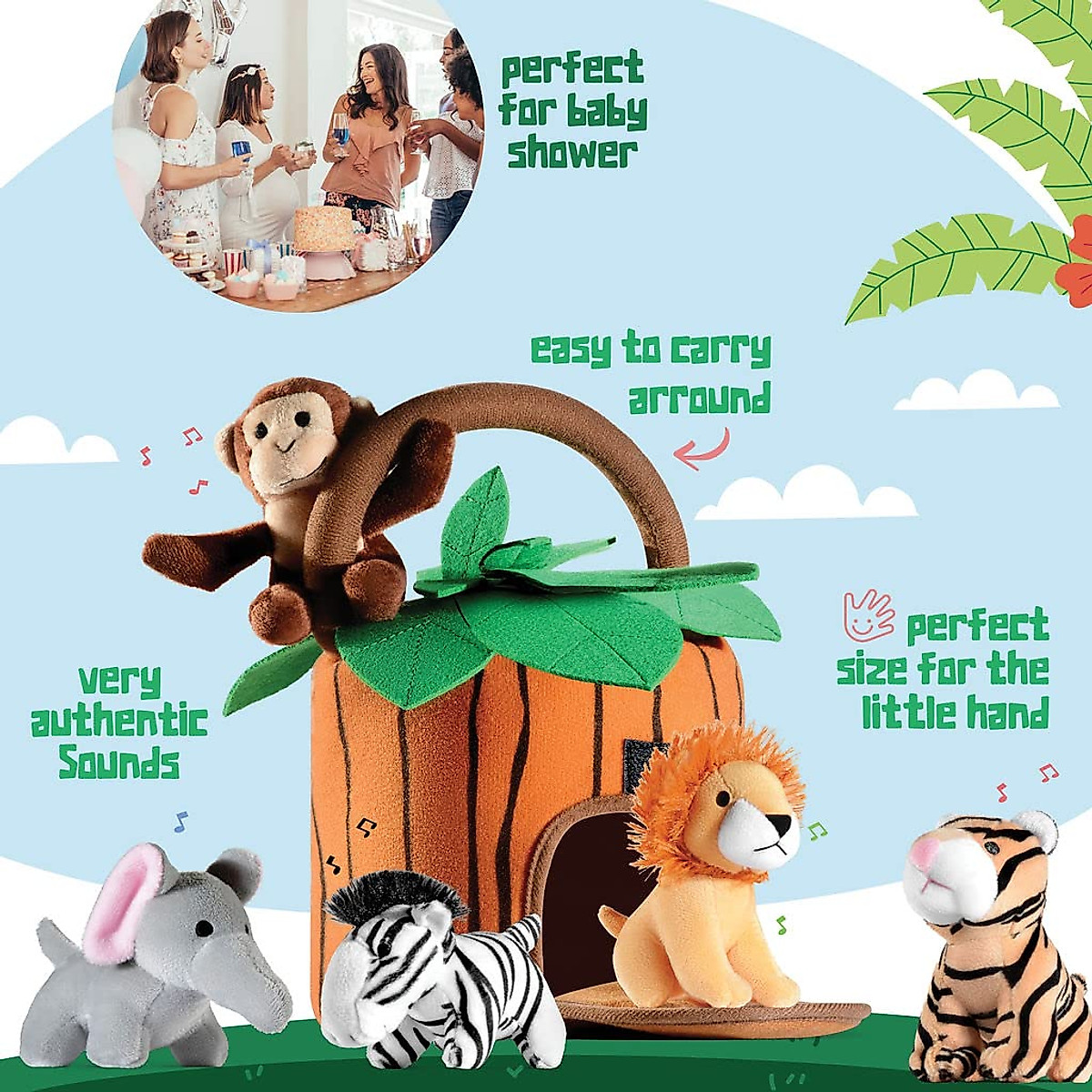 Play22 6-Piece Plush Talking Jungle Animals Set with Carrier for Kids, Babies & Toddlers - Elephant, Tiger, Lion, Zebra, Monkey