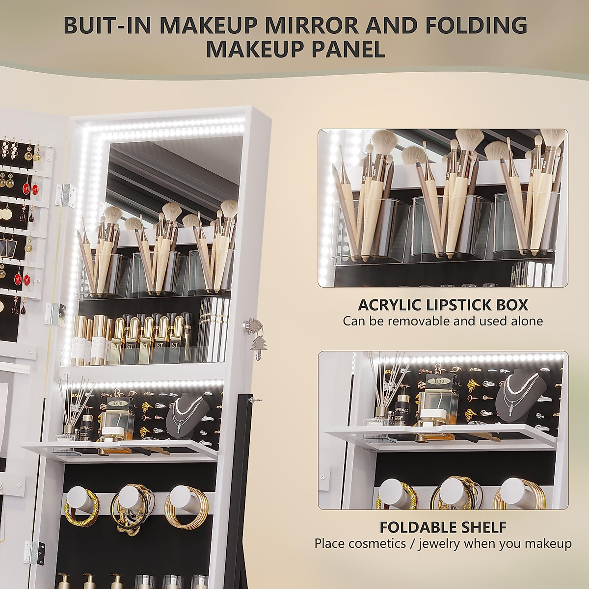 jajov 47.2" LED Jewelry Cabinet Armoire, Standing Mirror with Jewelry Storage, Jewelry Organizer Armoire with Full Length Mirror, Lockable Jewelry Mirror Cabinet (White)