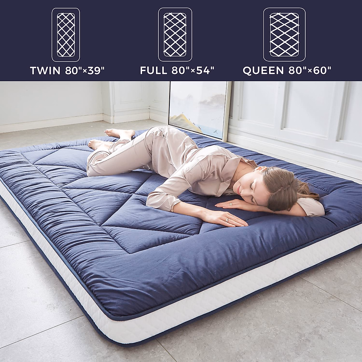 Heimorn Japanese Floor Futon Mattress - Thicken Sleeping Foldable & Portable Roll up Camping Mattress, Blue Full