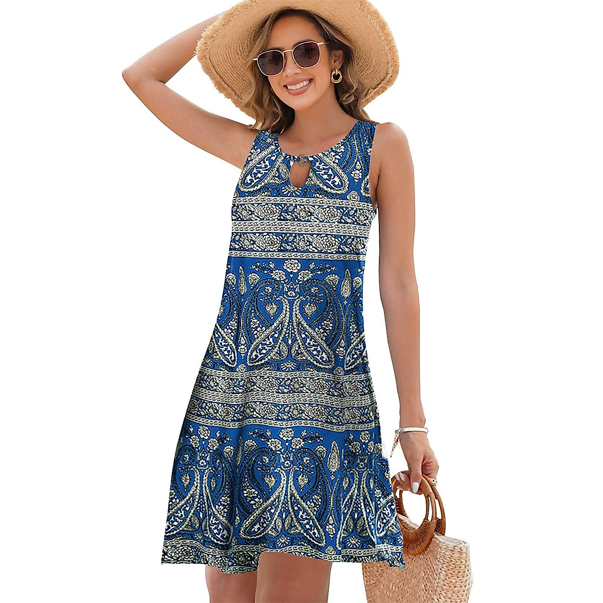 ETCYY Summer Dresses for Women 2025 Trendy Boho Floral Print Beach Cover Up Casual Spring Sleeveless Sundresses(XL.Flower Vintage Blue)