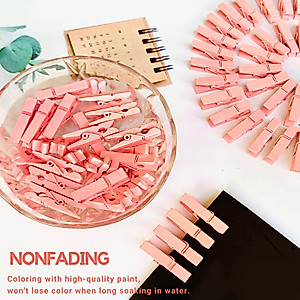 Clothes Pins Mini Clothespins Pink - 100 PCS Wooden Small Clothespins for Pictures with Jute Twine Tiny Photo Paper Clip, Ideal for Baby Shower, Crafts, Chip Clips, Home Office Decoration