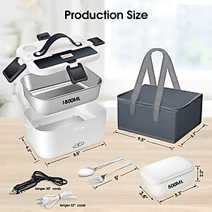 FCCABIN Electric Lunch Box, 1.8L Larger 80W Quick Food Heater for Adults, Self Heating Lunch Box Portable for Taxidriver/Men/Truckers/Car/Worker Food Warmer Hot Lunch Container with 0.5L Compartment