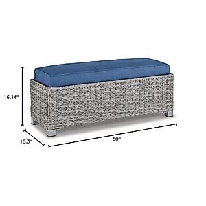 Signature Design by Ashley Naples Beach Casual Outdoor Bench with Cushion, Light Gray & Blue