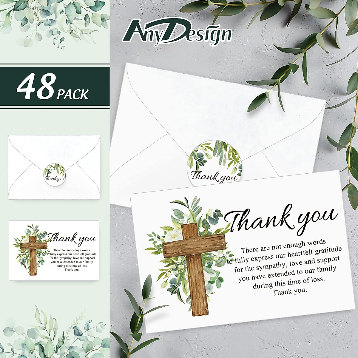 AnyDesign 48Pcs Funeral Thank You Cards Sympathy Thank You Card with Stickers Envelopes Watercolor Greenery Cross Bereavement Card with Message for Memorial Service Loved Ones Celebration of Life