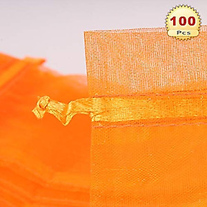 PMLAND 100 Pieces Orange Organza Drawstring Pouches for Candy Jewelry Party Wedding Favor Gift and Present Bags 4 x 6 Inch