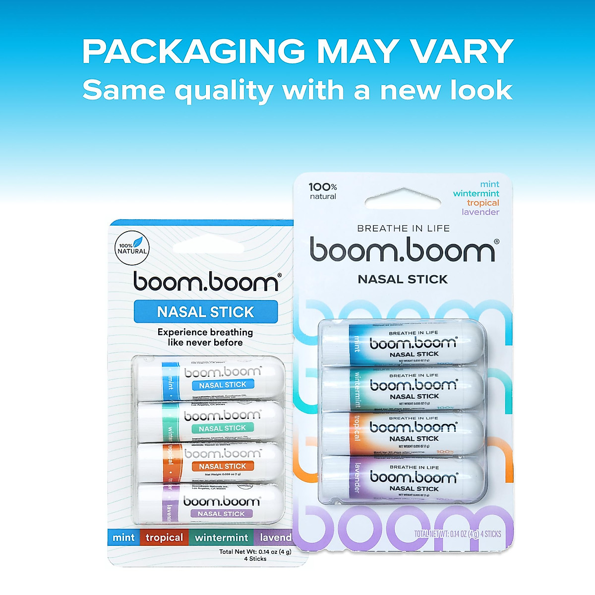BoomBoom Nasal Stick (4 Pack) | Vapor Flow Technology | Better Breathing + Natural Focus | Cool Refreshing Sensation | Premium Essential Oils + Menthol Inhaler (Mint, Wintermint, Tropical, Lavender)