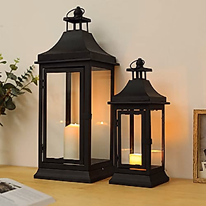 JHY DESIGN Set of 2 13''&19.5''Tall Outdoor Candle Lanterns Vintage Hanging Tower Lantern Metal Candle Holder for Garden Living Room Indoor Outdoor Parties Weddings Balcony(Black)
