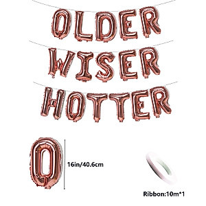 Older Wiser Hotter Foil Balloons Letter Banner Funny Birthday Decorations for Women Men 30th 40th 50th 60th 70th 80th Birthday Party Supplies (Rosegold)