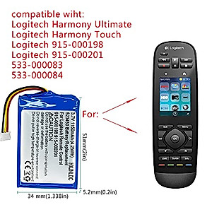 DC 3.7v 503450(523450) 1150mAh Lithium Polymer Replacement Battery for Logitech Harmony Touch,Harmony Ultimate Remote Controls 533-000083 533-000084 915-000198 915-000201