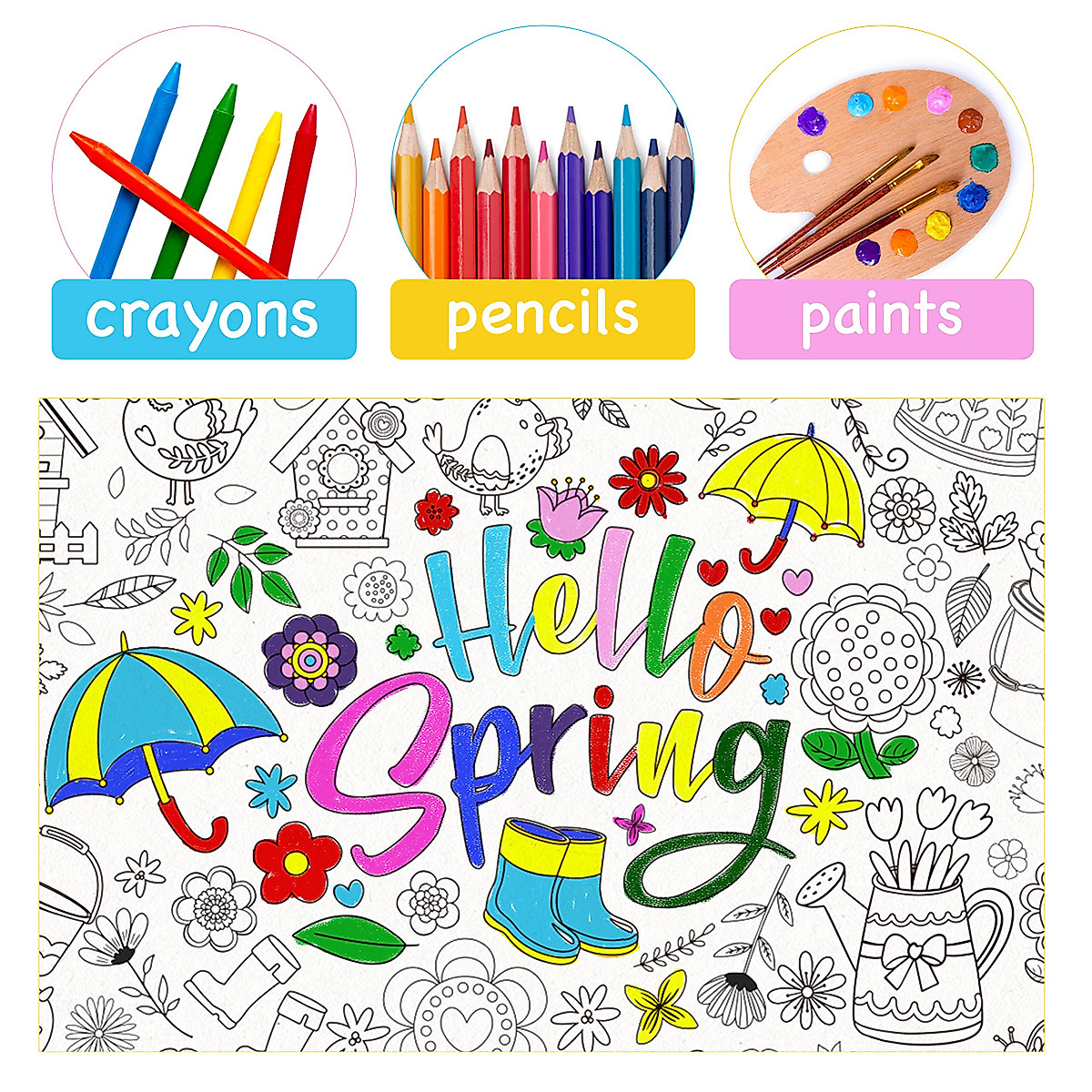 Giant Spring Coloring Poster with 6 Stacking Crayons, Crafts Education Activity Jumbo Paper Poster Wall Art Coloring Poster Banner for Home School Classroom Party Supplies Favor, 43x 31Inch(Spring）
