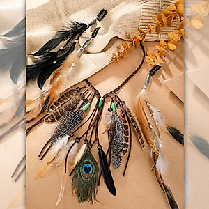 XunYee 4 Pack Halloween Feather Hair Clips Boho Feather Headband Hippie Hair Extensions with Feather Clip Comb Set for Women(Boho Style)