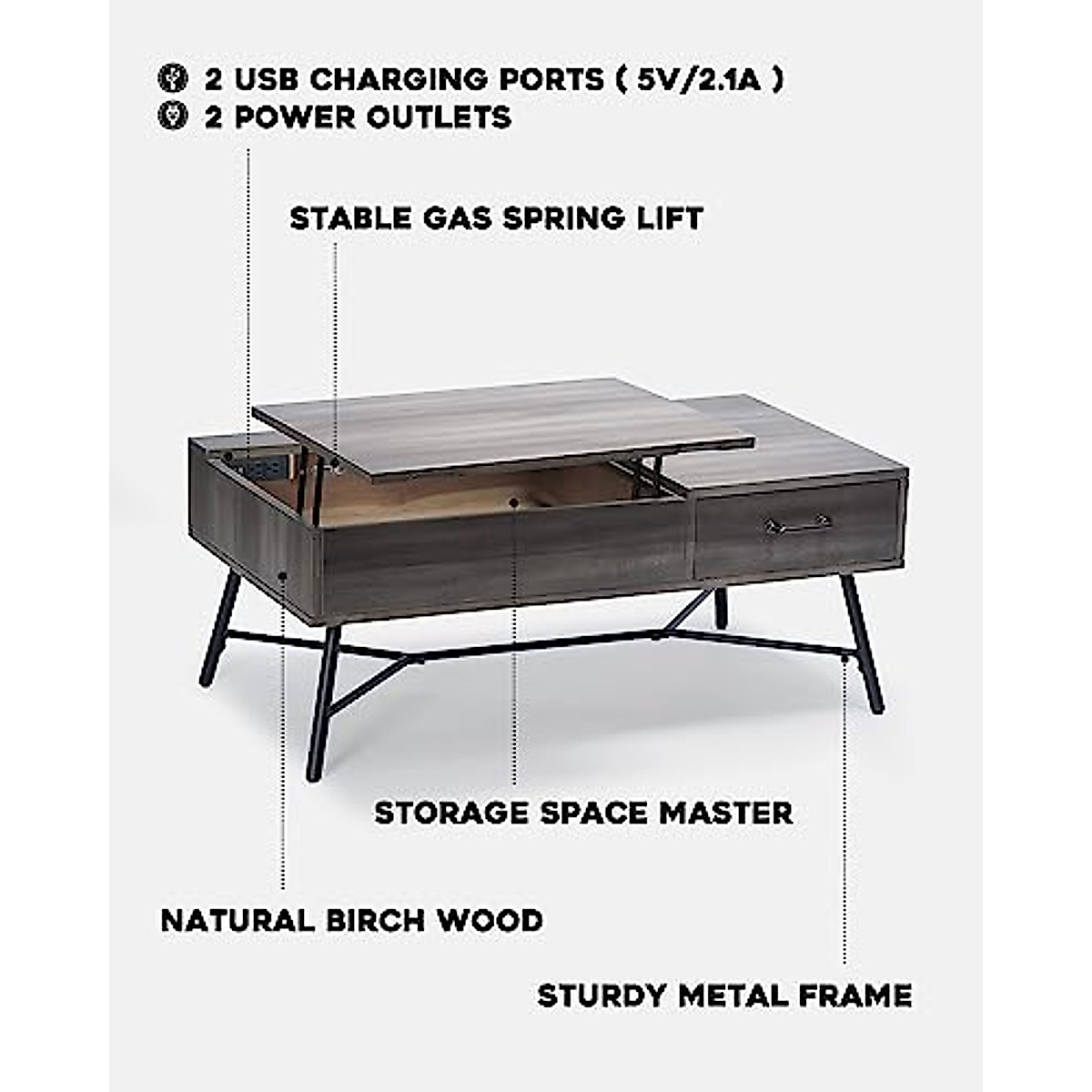 OUllUO Wood Lift Top Coffee Table with Charging Station, Vintage Coffee Table with Storage, Rustic Central Table for Living Room, Home Office, Gray Rising Coffee Table