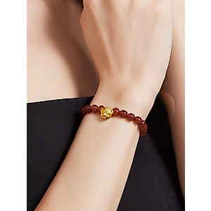 ZHOU LIU FU 24K Solid Gold Bracelets for Women, Stretchable Lucky Animals Real Gold Rabbit Bangle Charm Bracelets, Pure Gold Agate Beaded Zodiac Bunny Bracelet