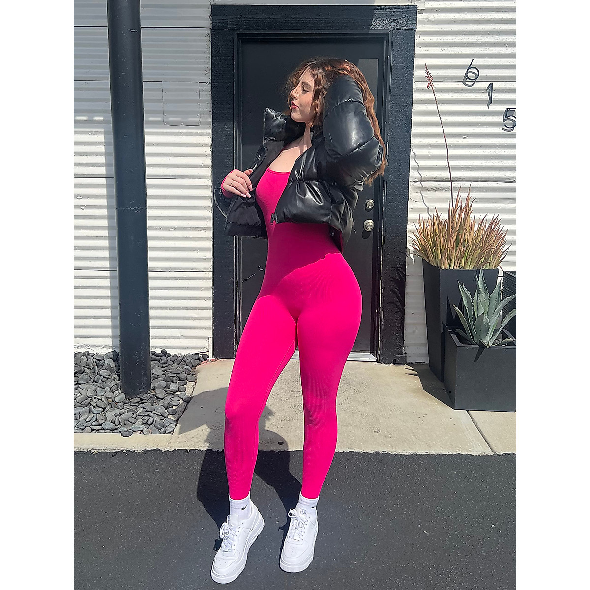 SUUKSESS Women Ribbed Stretchy One Piece Jumpsuits Yoga Long Sleeve Workout Jumpsuits (Hot Pink,S)