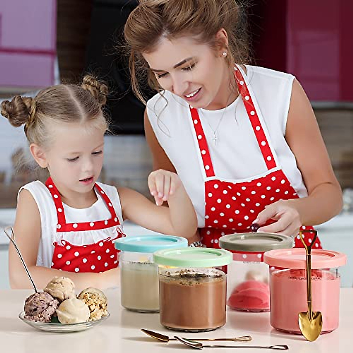 ZYHOONE Ice Cream Pint Containers Replacement for Ninja Creami Pints and Lids,Compatible with NC301 NC300 NC299AMZ Series Ice Cream Maker,with 4 Scoops,Dishwasher Safe Gray/Pink/Green/Blue