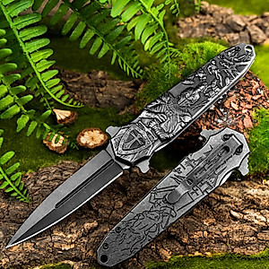 VALHALLA Pocket Folding Knife, Survival Knife With 3D Crusader Relief, Great Gift Edc Pocket Knife For Men Collector Outdoor Camping Hiking Hunting Knife