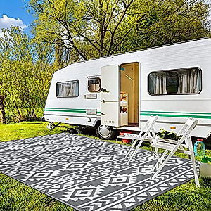 Pauwer Waterproof Outdoor Rug 5x7, Reversible Plastic Straw Patio Camping Rug, Indoor Outdoor RV Mat Carpet for Deck, Camper, Porch, Balcony, Backyard, Picnic, Moro Grey