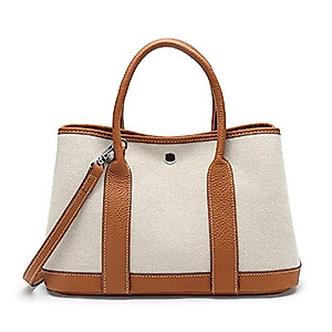 women's leather canvas garden party tote bag Crossbody shoulder bag handbag (Brown, M(30*22*14cm))