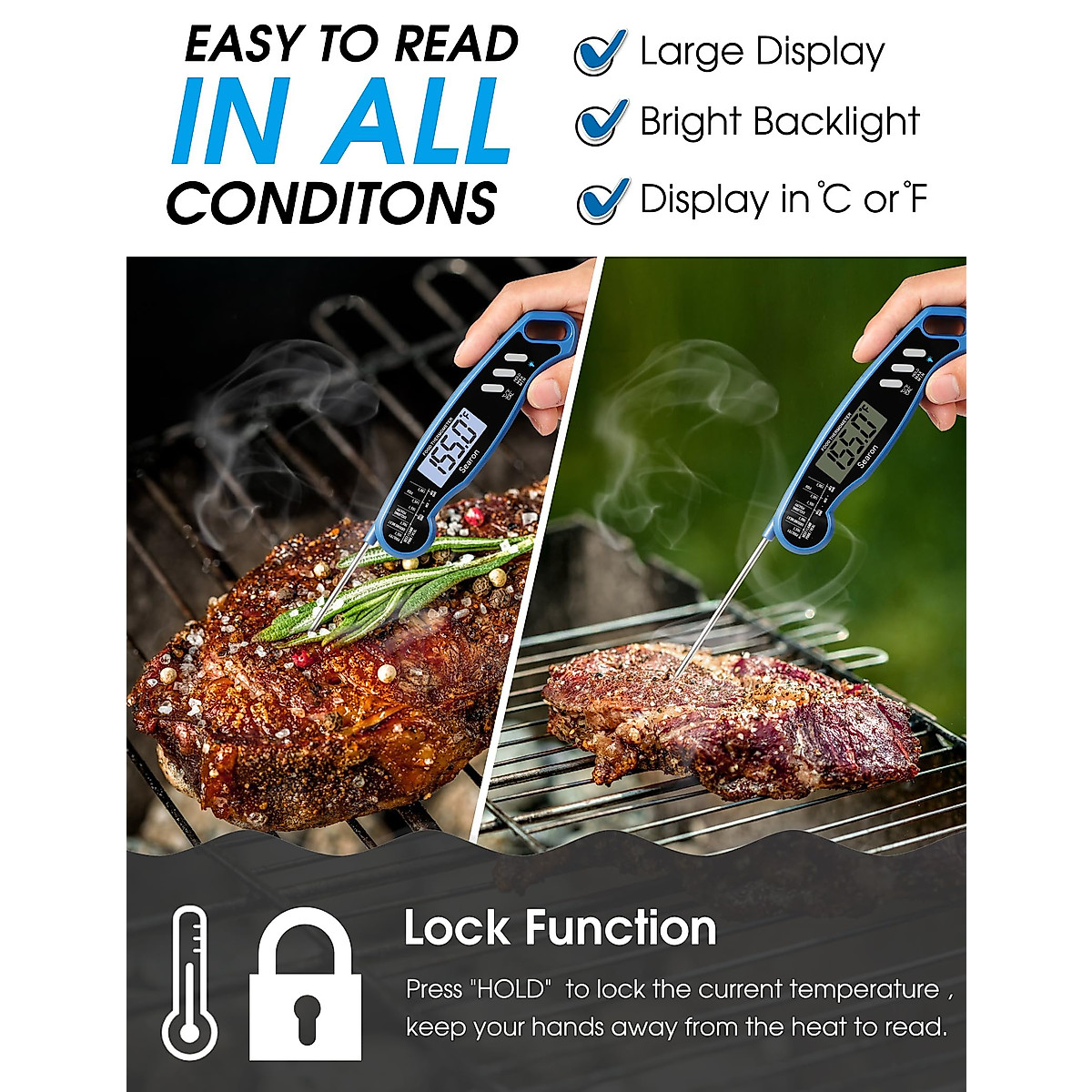 Searon Meat Thermometer,Calibration Feature Digital Food Thermometer with Instant Read Out,Backlight and Waterproof,Kitchen Thermometer for BBQ Grilling, Smoker, Baking Turkey
