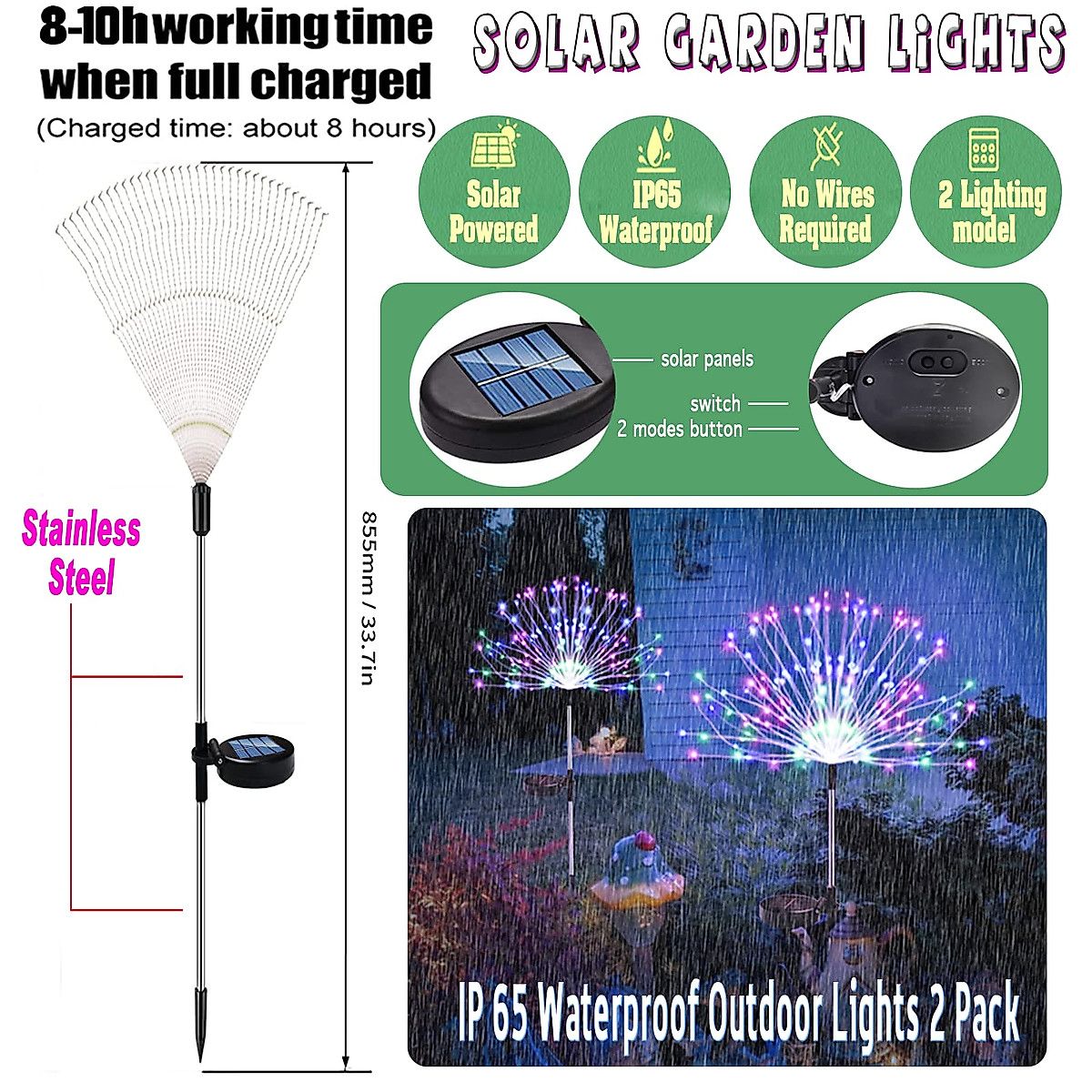 Honche Solar Garden Lights, 2 Pack Decorative Solar Outdoor Lights Waterproof IP65 8 Lighting Modes Firework Lights for Garden Patio Counrtyards Pathway Part