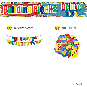 Building Block Deluxe Party Supplies Pack (137 Pieces for 16 Guests) - Brick Party Supplies, Gamer Birthday Decorations, Gamer Party Supplies , Blocks Party Decor, Brick Birthday, Blue Orchards