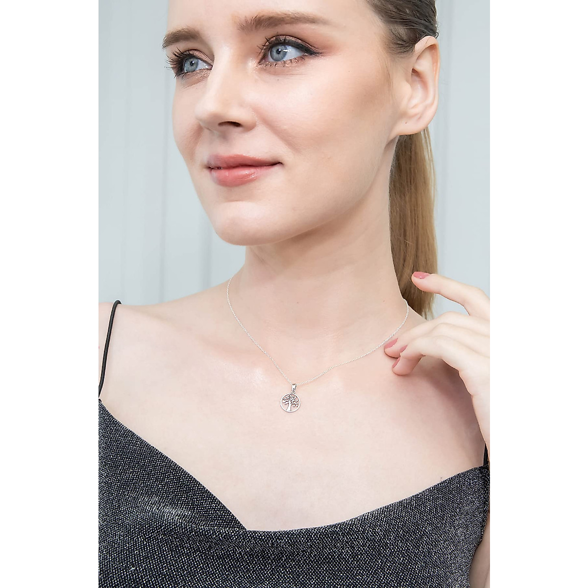 B. BRILLIANT Tree of Life Necklace for Women Sterling Silver Dainty Short Choker Pendant Charm