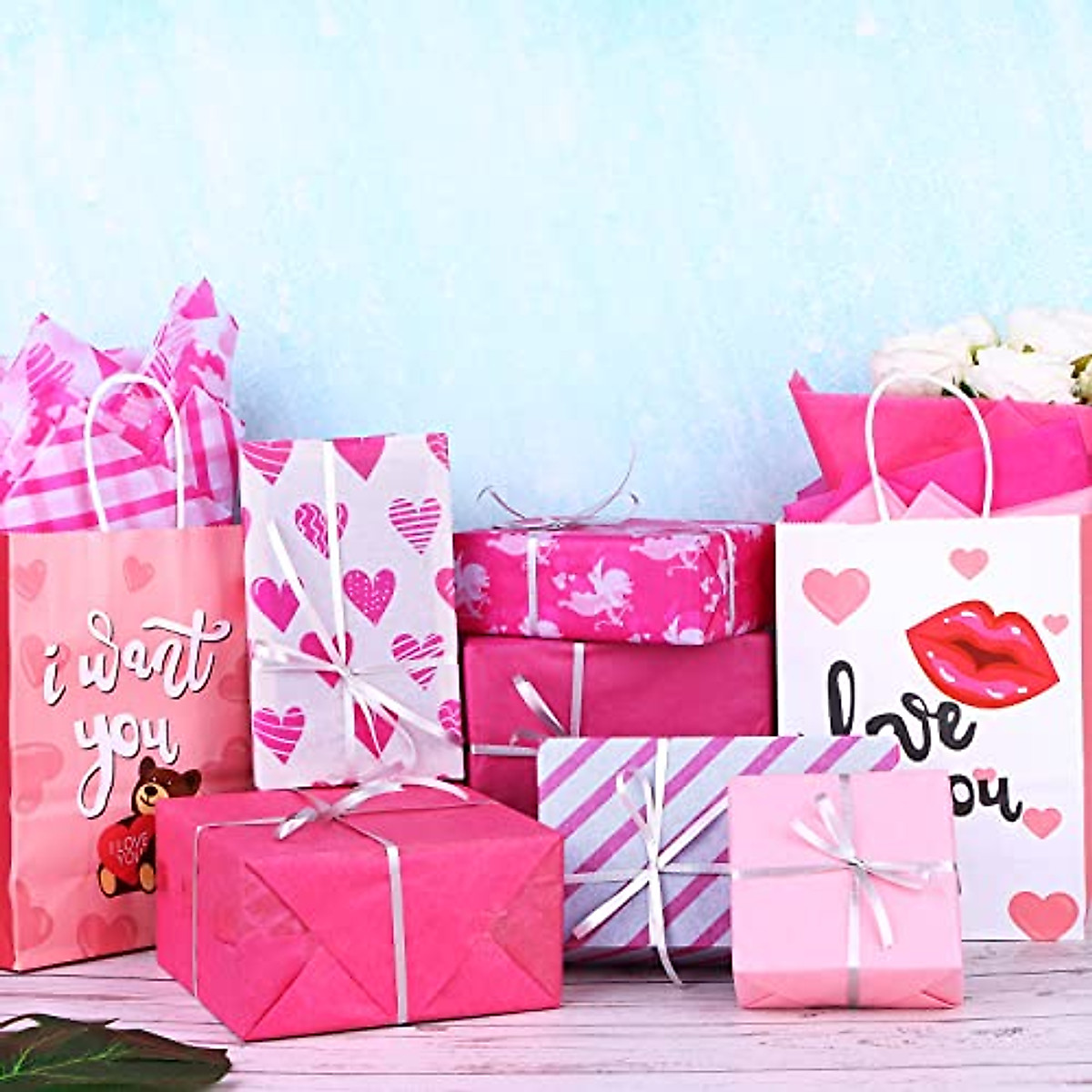 Kavoc 60 Sheets Huge Size Valentines Day Tissue Bulk, 20 x 30 inch Hot Pink Rose Red Love Heart Cupid Tissue Paper for Gift Wrapping, Gift Bags, Valentine's Day, Mother Plot, Birthday Party