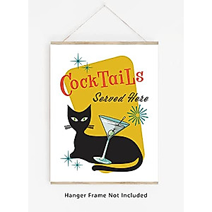 Mid Century Modern No.21 Wall Art Print - 11x14 UNFRAMED Retro Boho Aesthetic Kitchen, Bar Decor. Atomic Cat with Martini “Cocktails Served Here”