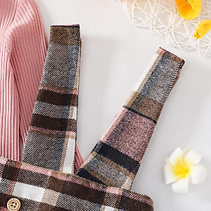 Madjtlqy Baby Girls Fall Winter 2Pcs Outfit Sets Ribbed Long Sleeve Pullover Tops + Plaid Suspender Skirt 12 18 24M 2T 3T 4T 5T (A-Pink, 4-5 Years)