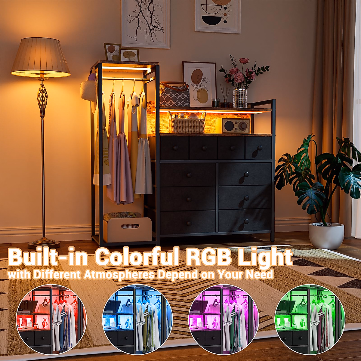 HPWLYO 10 Drawers LED Dresser for Bedroom, Black Fabric Dresser with Clothes Rack, Tall Storage Chest of Drawers, Dressers & Chests of Drawers, Wooden Top, Bedroom, Closet