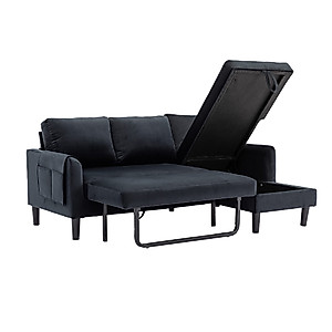Olela Pull Out Sleeper Sofa Couch,Velvet Convertible Sofa Bed L Shape Sectional Sofa with Storage Chaise and Pocket for Living Room (Black), (convertible sofa bed-1)