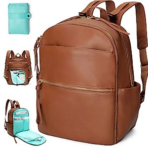 MOMINSIDE Diaper Bag Backpack with 6 Insulated Pockets, Leather Diaper Bag, Large Baby Bag for Mom, Baby Registry, 18 Pockets, Changing Pad, Stroller Straps (Brown)